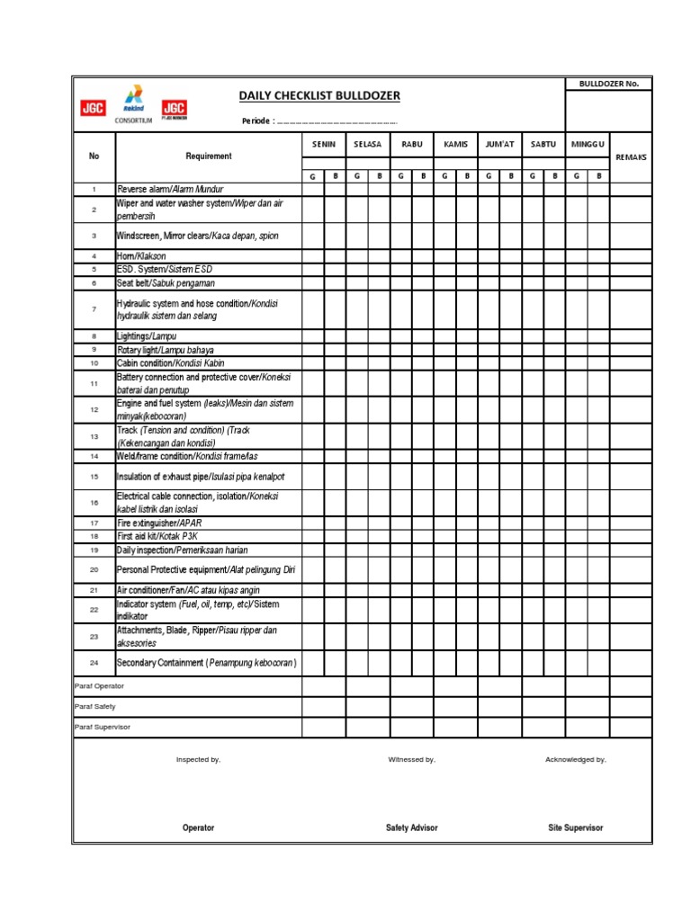 Daily Checklist Bulldozer PDF | PDF | Machines | Vehicles