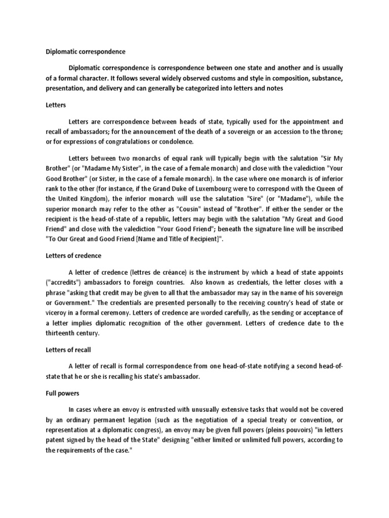 Diplomatic FORMAL Correspondence | PDF | Diplomatic Correspondence ...