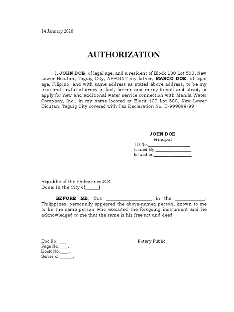 AUTHORIZATION FOR WATER CONNECTION APPLICATION