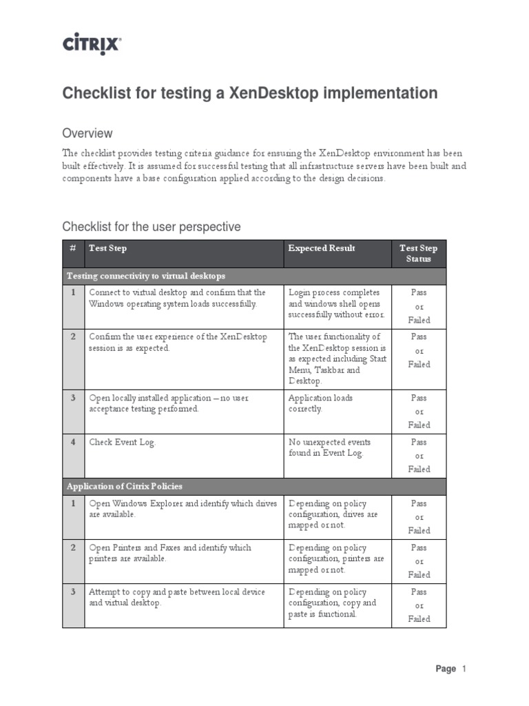 Baseline Testing Checklist XenDesktop Implementation PDF | PDF ...