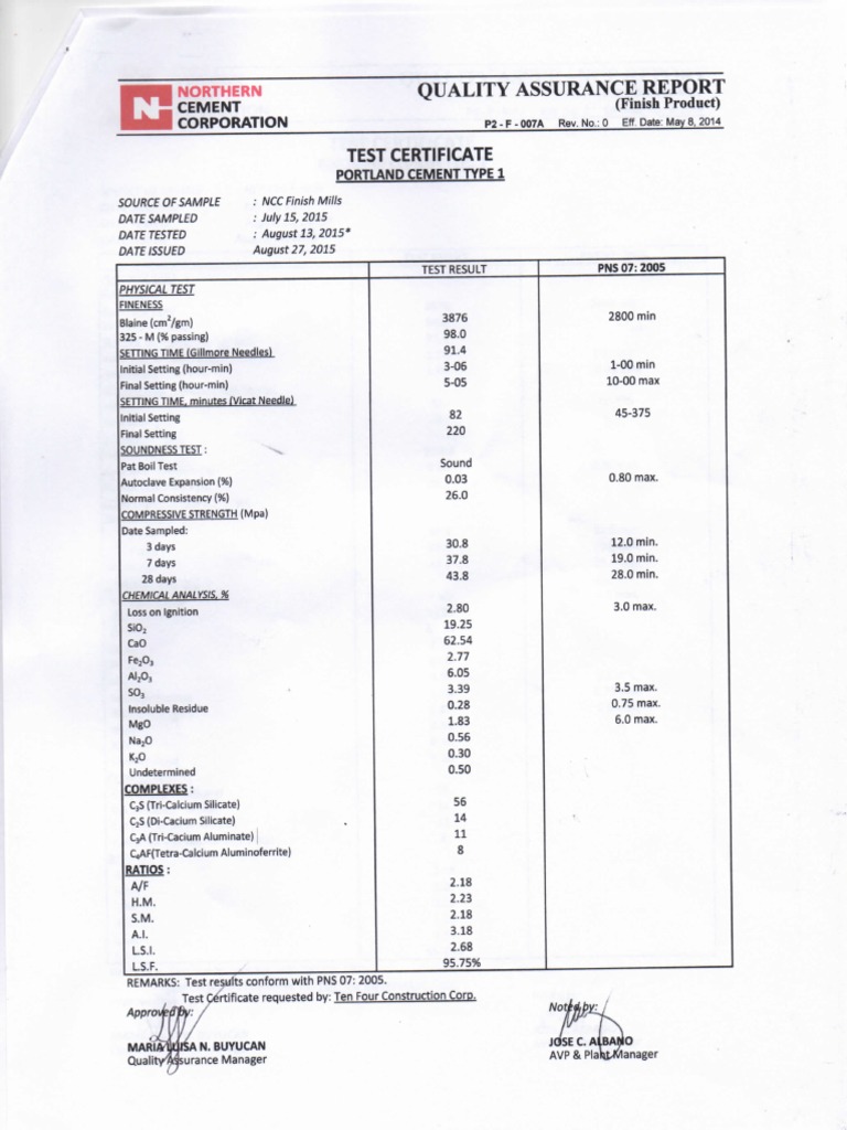 Northern Cement Mill Certificate Type 1 | PDF