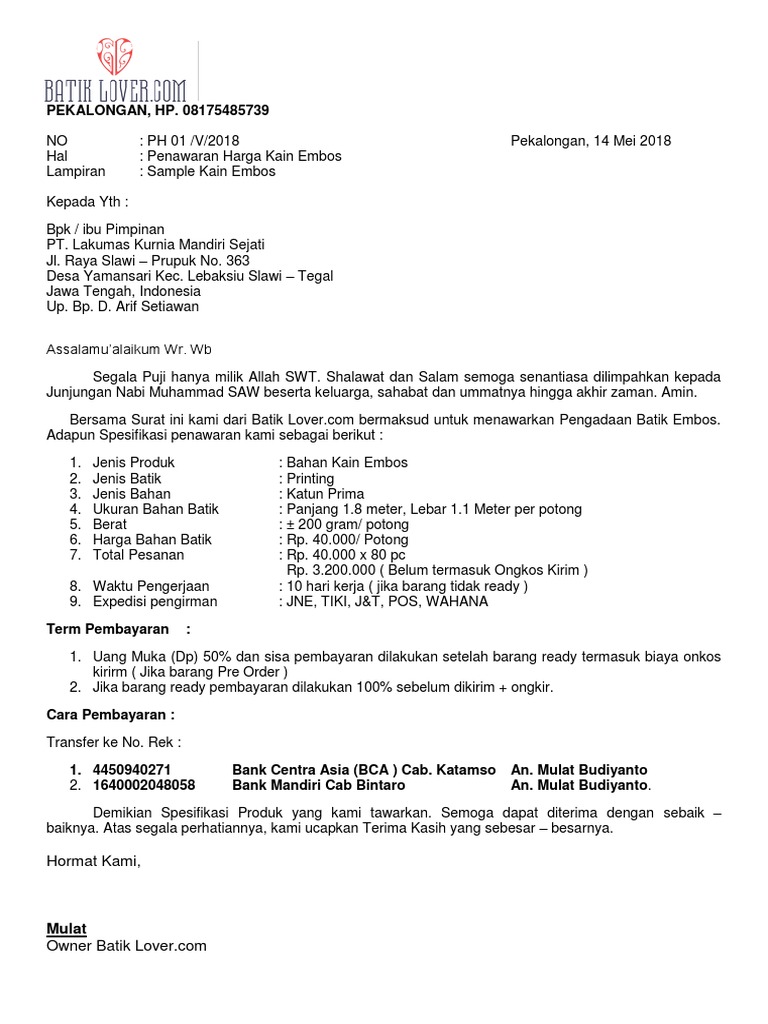 Surat Penawaran Pengadaan Batik Embos | PDF