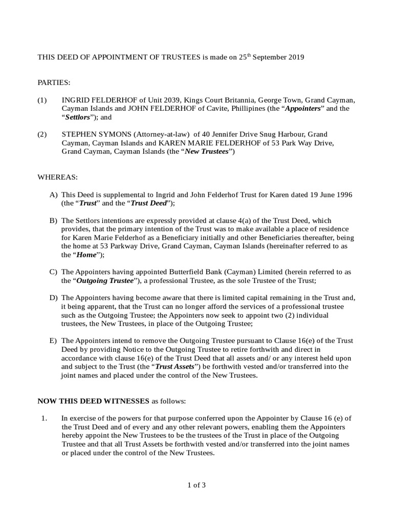 Deed of Appointment for New Trustees | PDF | Trust Law | Trustee