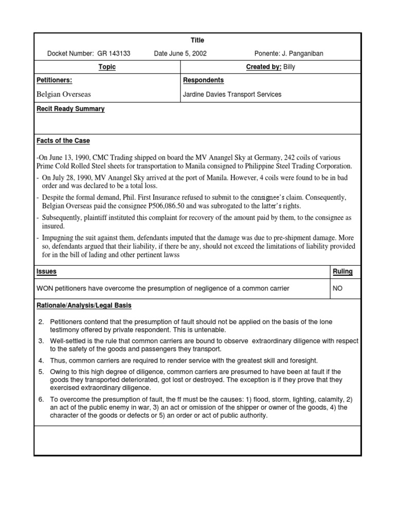 Belgian Overseas v. Phil First Insurance | PDF | Negligence | Civil Law ...