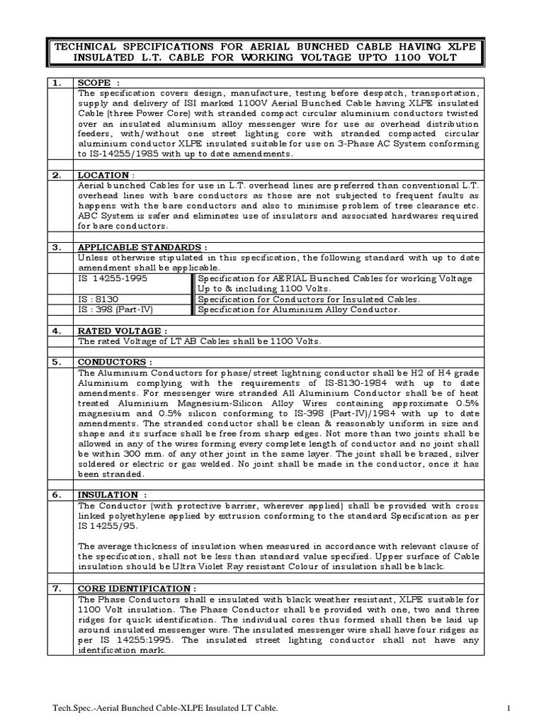 Technical Specifications For Aerial Bunched | PDF | Insulator ...