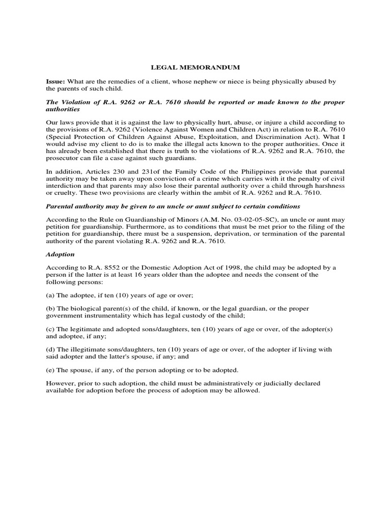 LEGAL MEMORANDUM Sample | Download Free PDF | Adoption | Legal Guardian