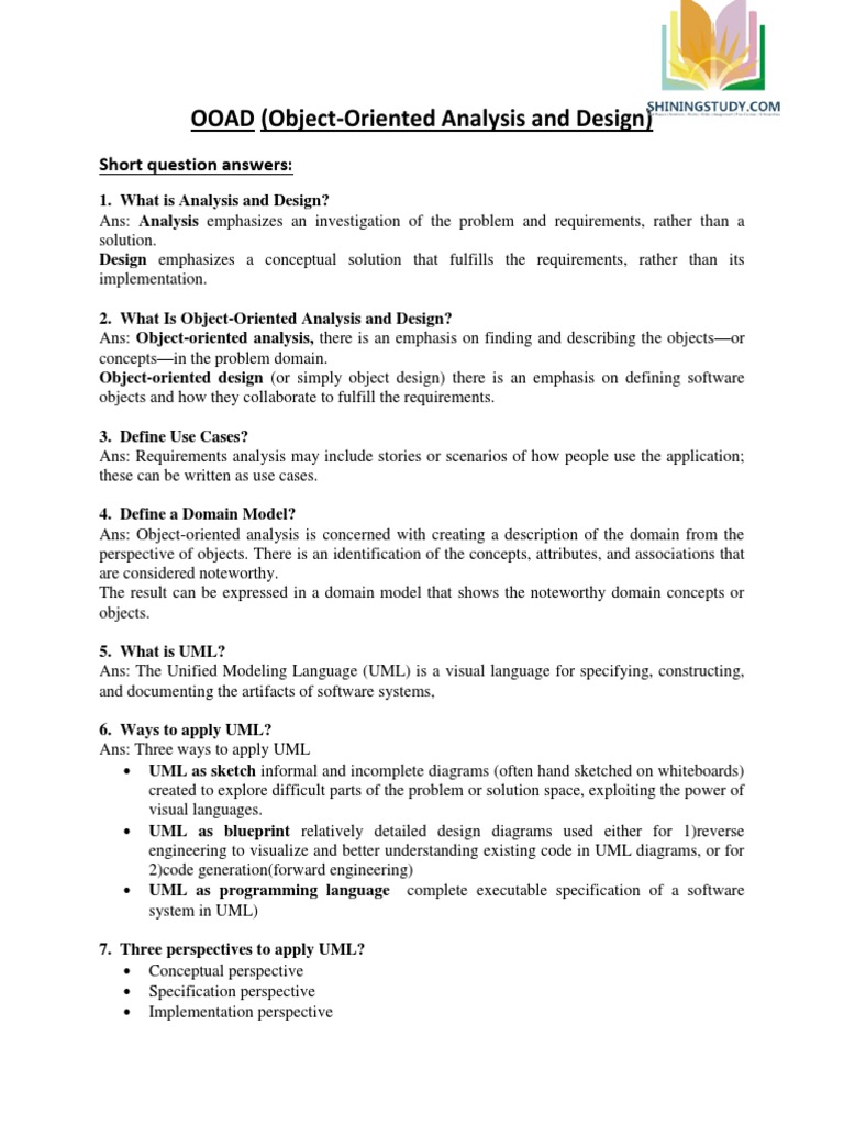 Short Questions of OOAD-solutions | PDF | Use Case | Unified Modeling Language