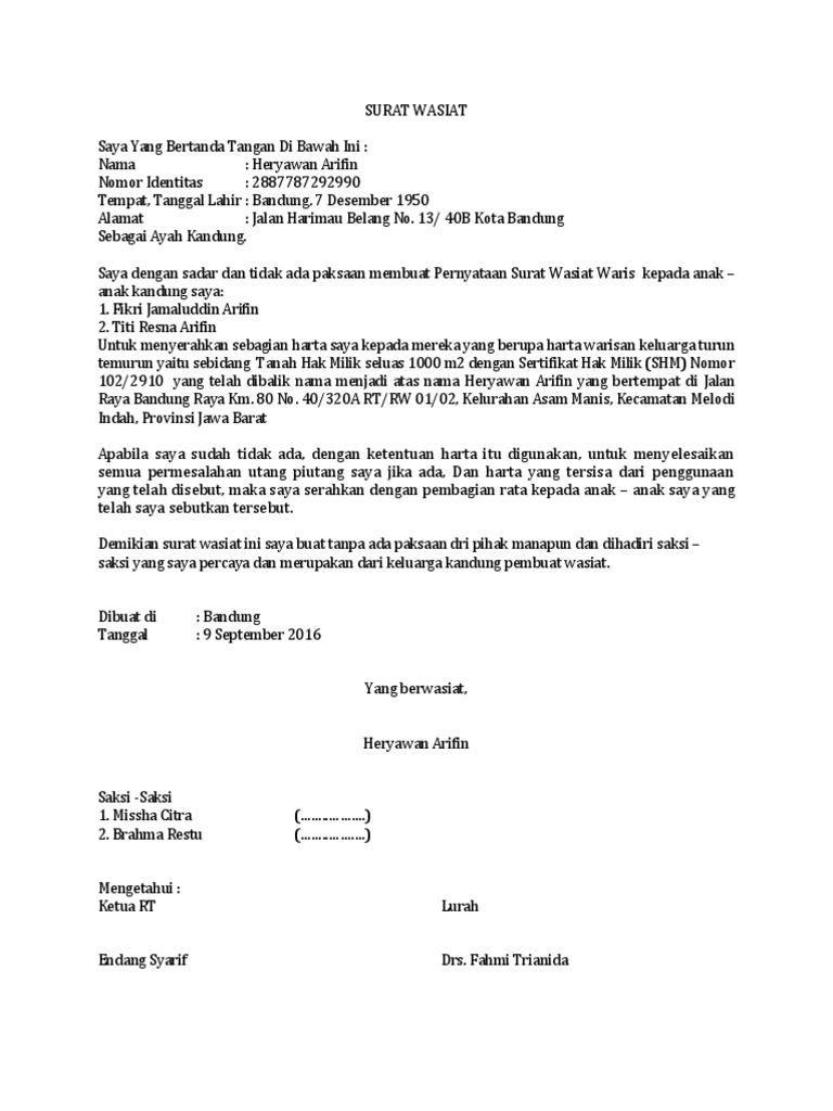 Contoh Surat Wasiat Harta Warisan | PDF