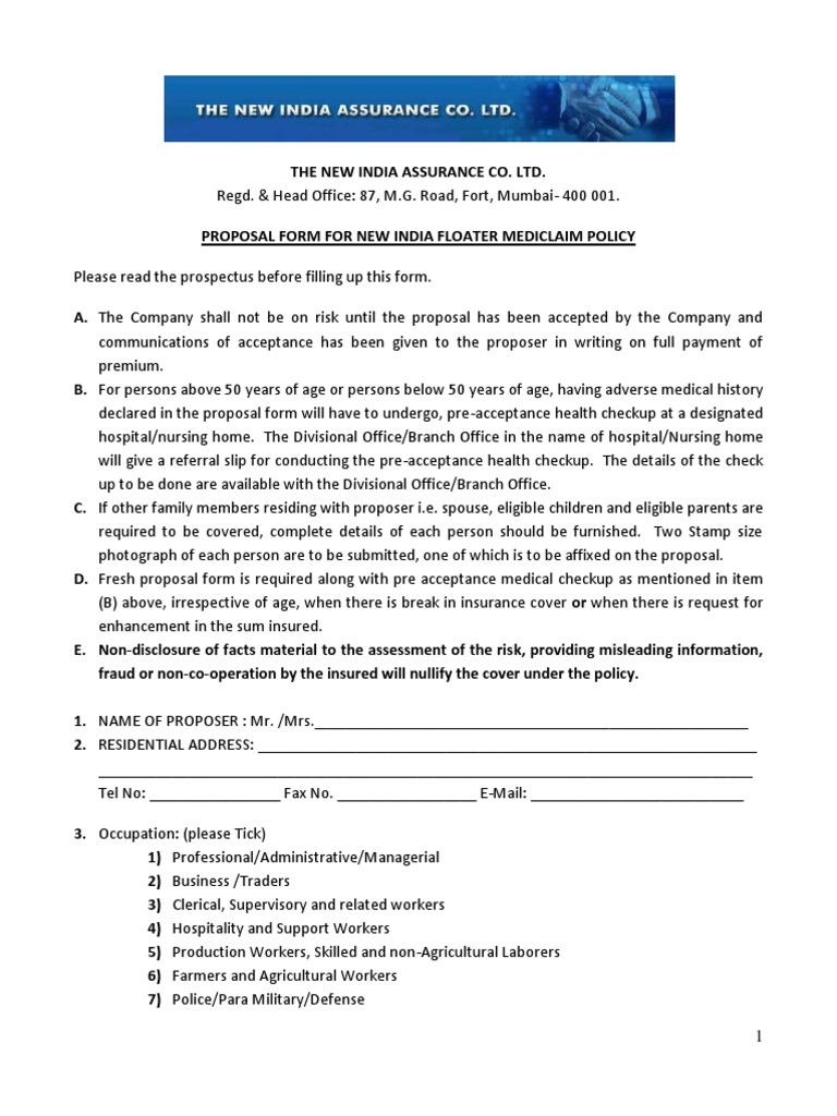 New India Floater Mediclaim Proposal Form | PDF | Underwriting | Insurance