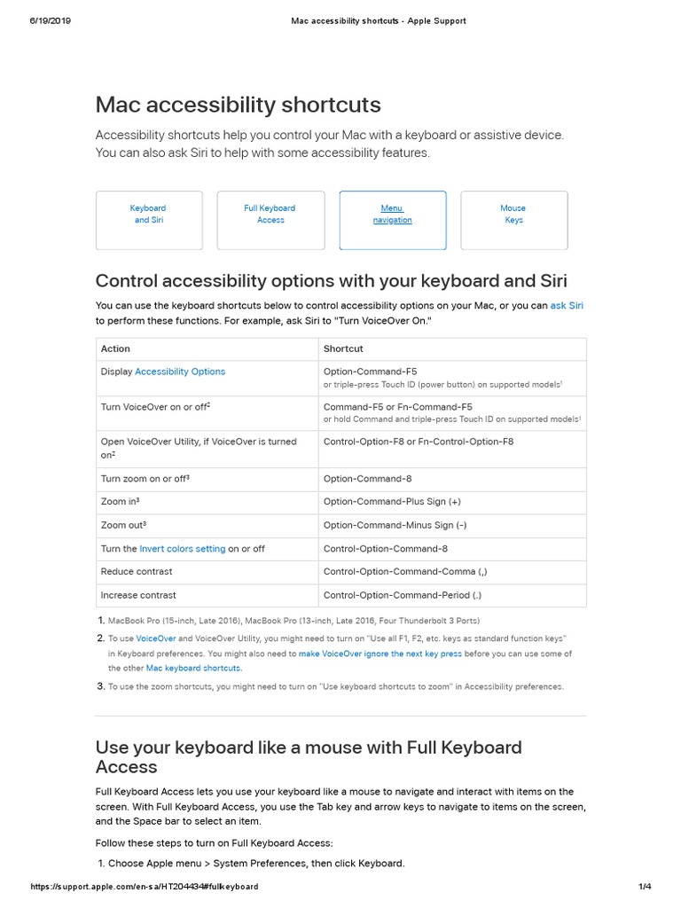 Mac Accessibility Shortcuts - Apple Support | PDF | Computer Keyboard | Menu (Computing)