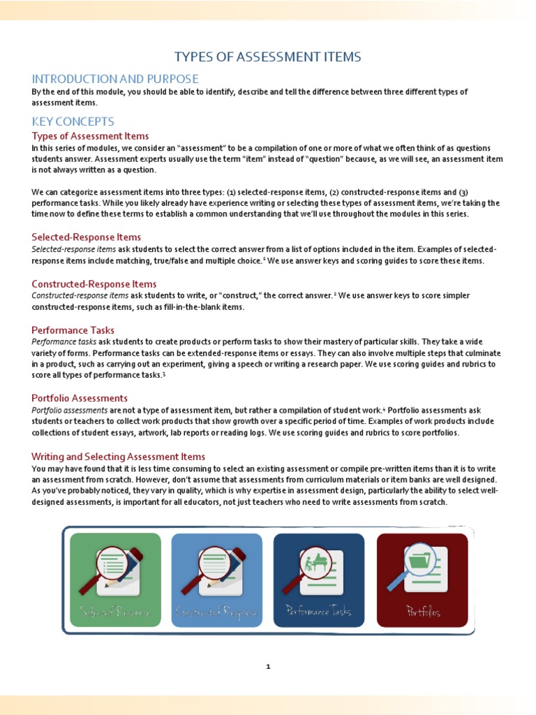 Types of Assessment Items Worksheet | PDF | Educational Assessment ...