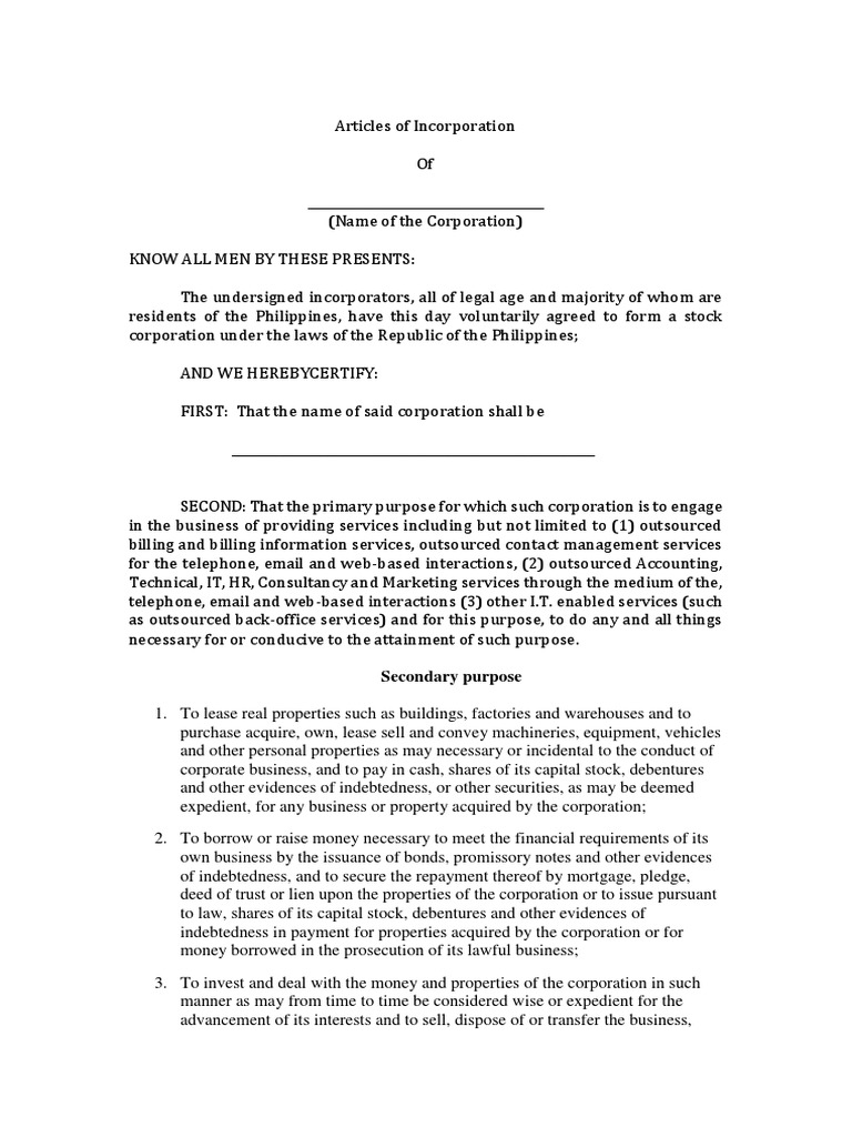 Articles of Incorporation Template | PDF | Corporations | Stocks