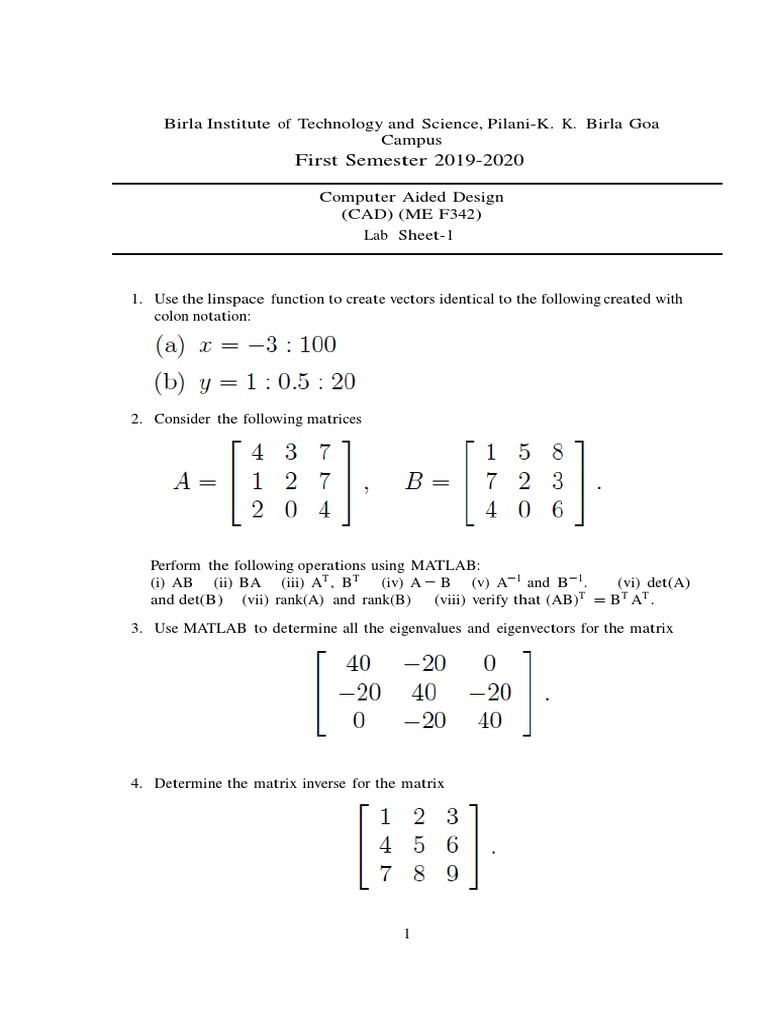 Labsheet 1 Int Pdf Matrix Mathematics Algebra