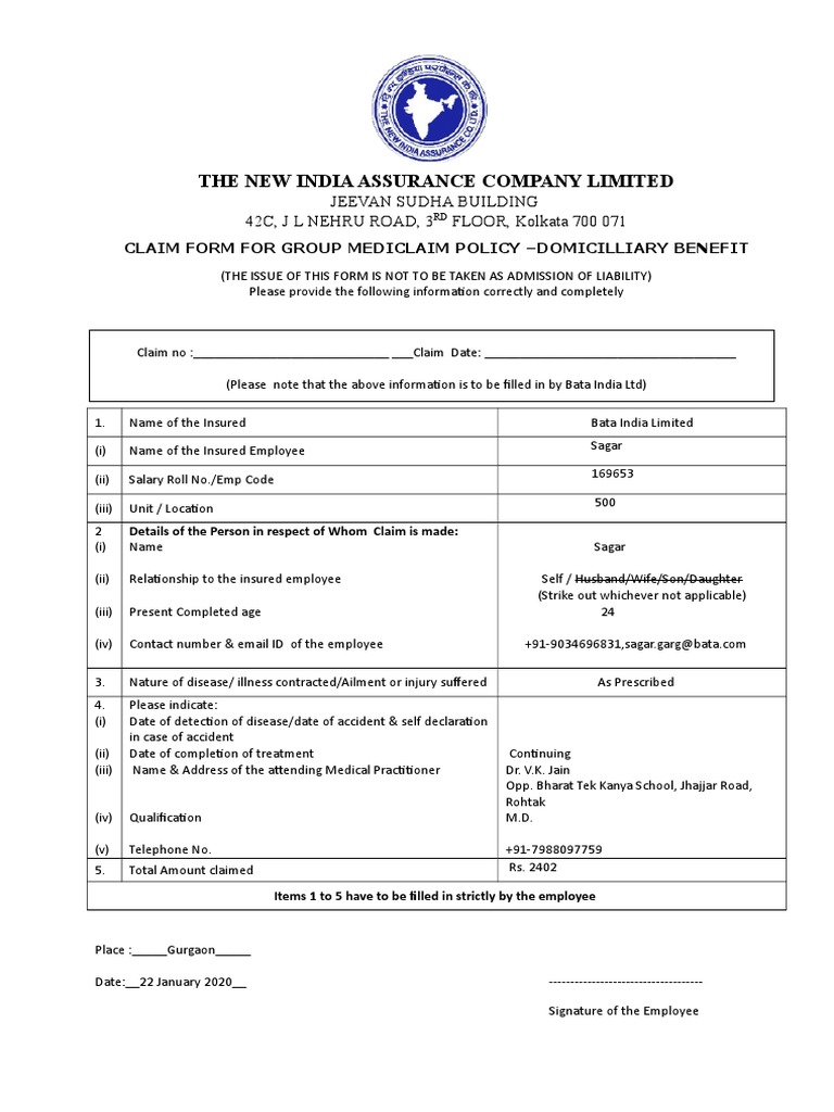 OPD Claim FORM of New India Assurance Company LTD | PDF | Medicine ...