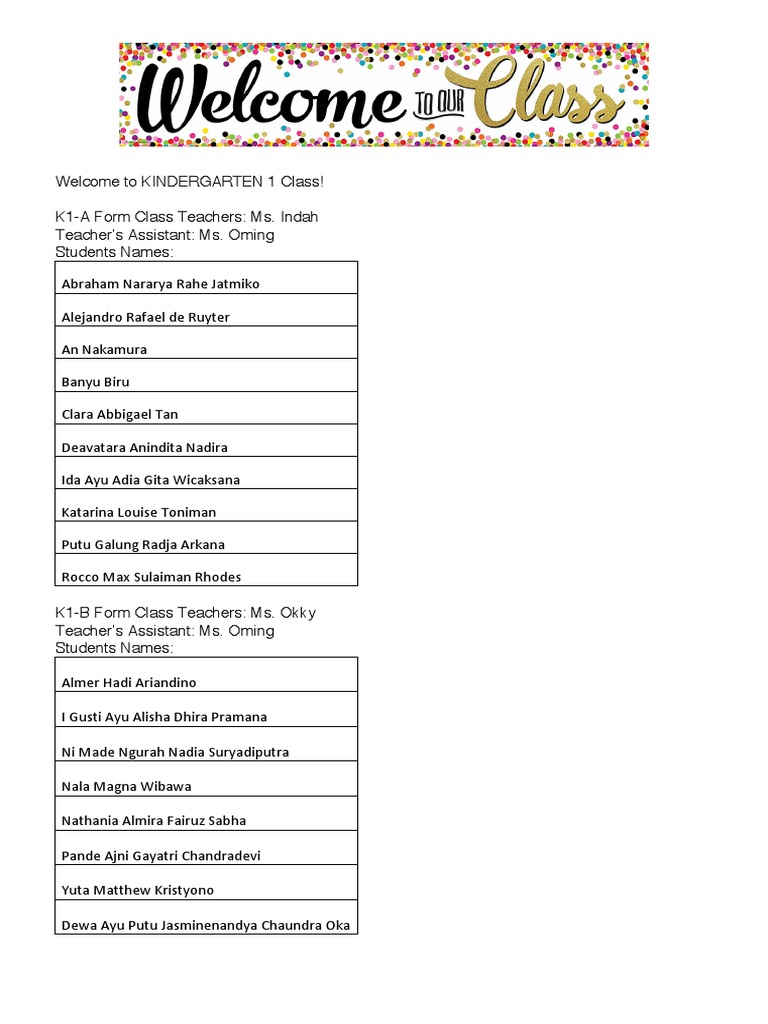 Welcome To K1 Class Pdf
