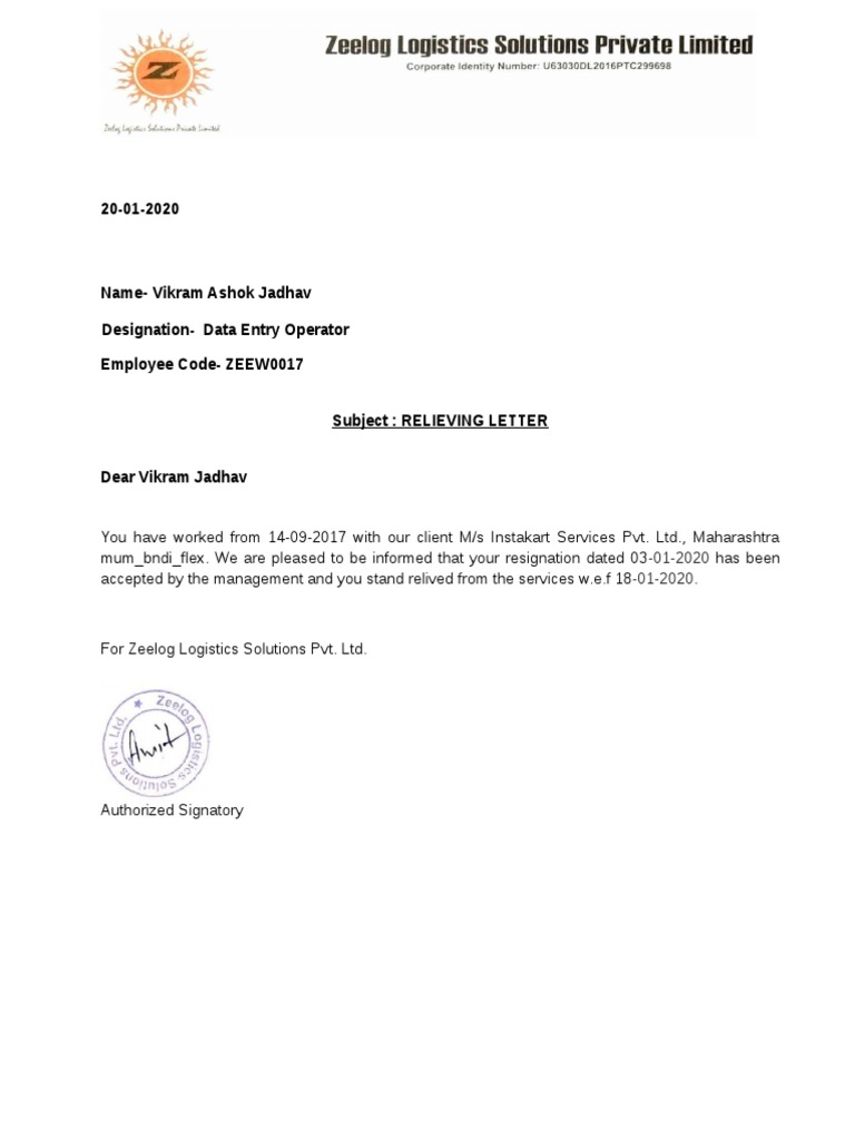 Relieving Letter for Vikram Jadhav | PDF