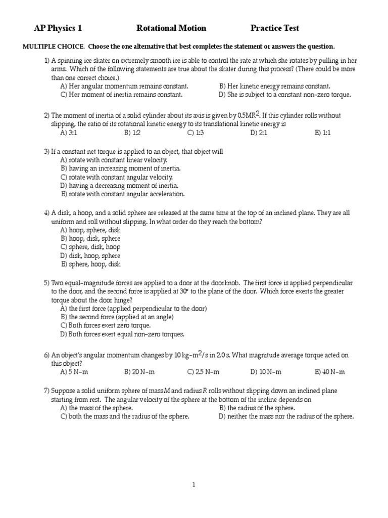 AP Physics 1 Rotational Motion Test | PDF | Rotation Around A Fixed ...
