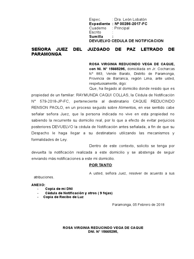 Devuelvo Cedula de Notificacion - 1 | PDF Devuelvo Cedula de Notificacion - 1 | PDF
