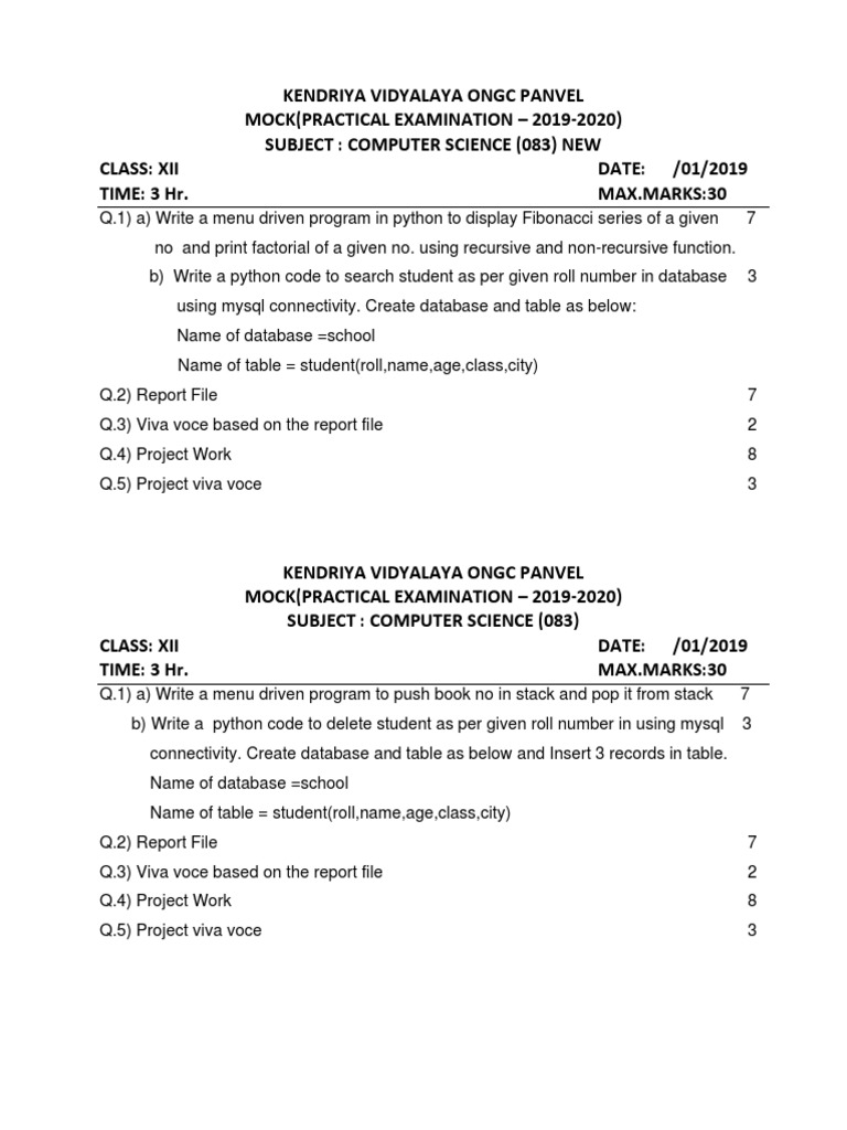 Xii Cs Pract Slips MOCK | PDF | Databases | Data Management