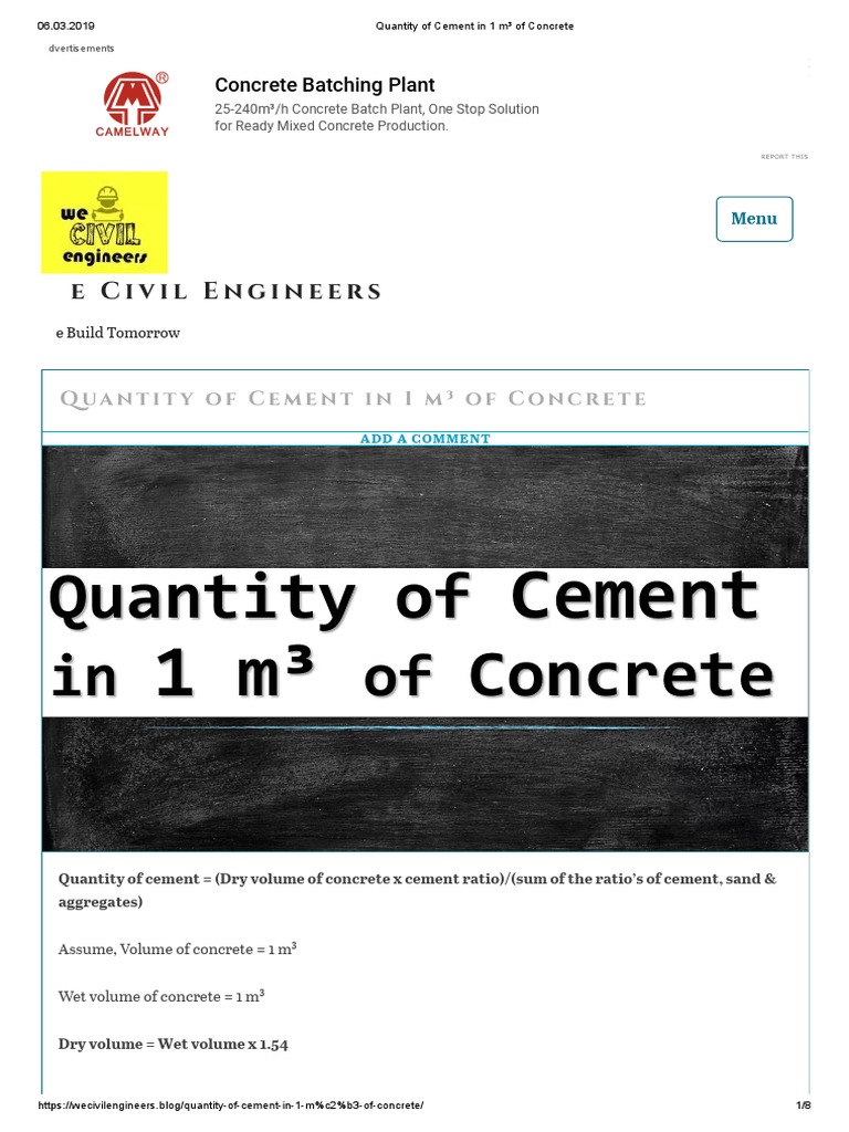 Quantity of Cement Required in 1 Cubic Meter of Concrete of Various ...