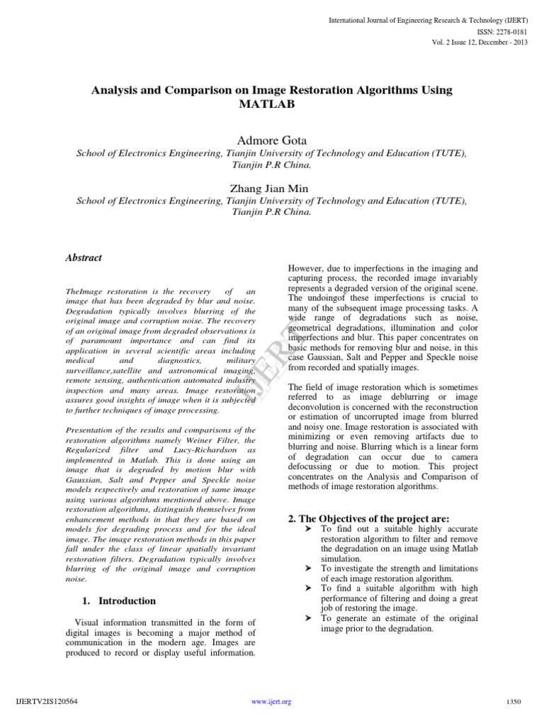 Analysis And Comparison On Image Restoration Algorithms Using Matlab Ijertv2is120564 Pdf
