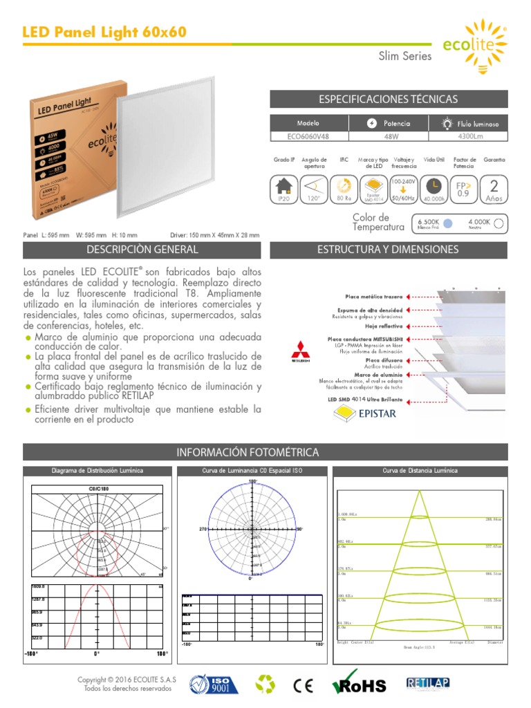 Ficha Tecnica Panel Led 60x60 Ecolite | PDF | Diodo emisor de luz ...