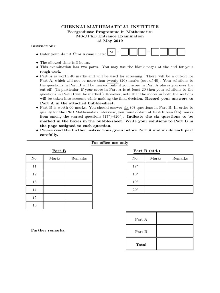 CMI Maths Paper For PG | PDF | Field (Mathematics) | Integer