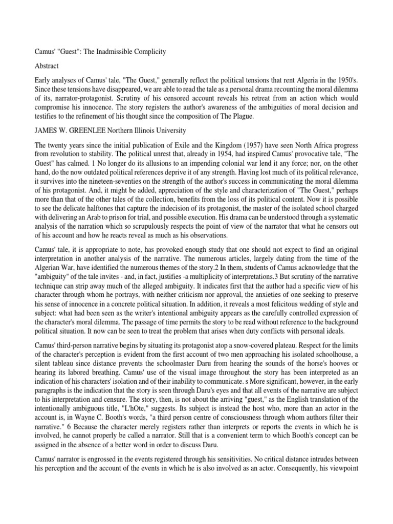 Camus' Guest The Inadmissible Complicity | PDF | Narrative