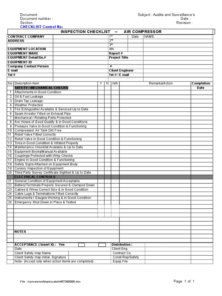 Check List - Air Compressor Inspection | Download Free PDF | Valve | Gases
