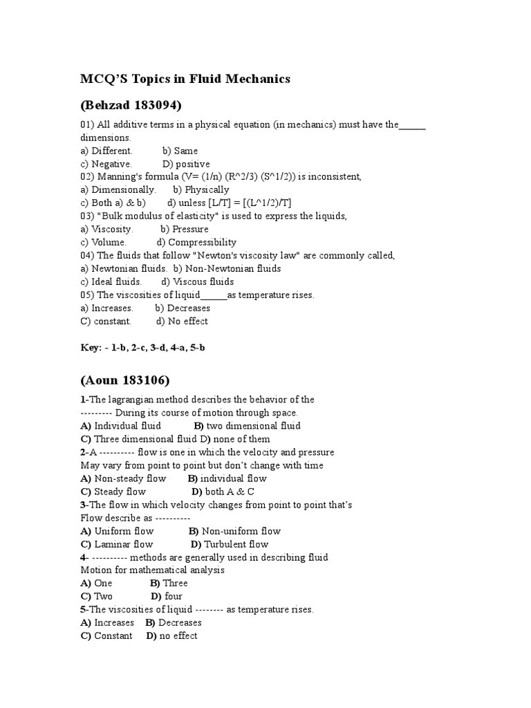 MCQ'S | PDF | Fluid Dynamics | Viscosity