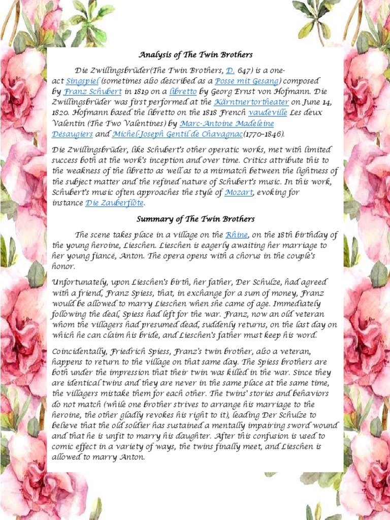 Analysis of Schubert's Twin Brothers | PDF | Performing Arts | Opera
