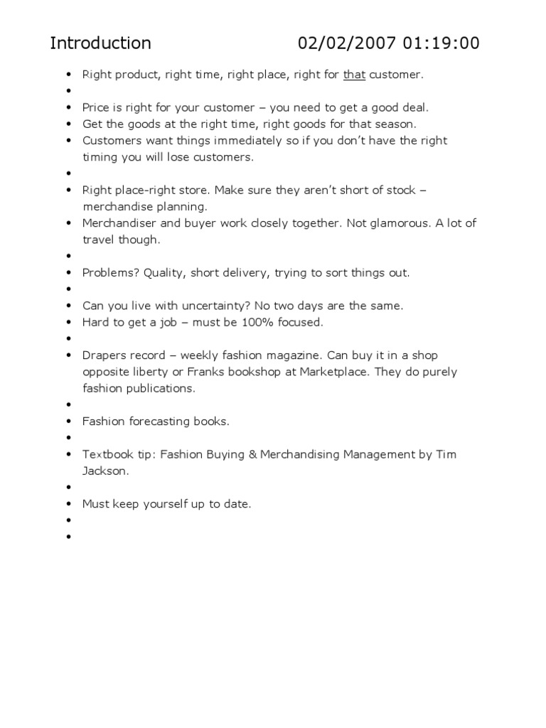 Buying & Merchandising - Class Notes | PDF | Retail | Sales