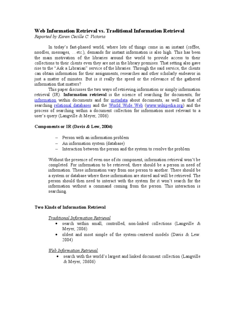 Traditional IR vs. Web IR | PDF | Information Retrieval | Search Engine ...