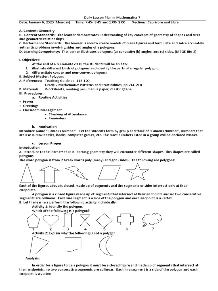 Daily Lesson Plan in Mathematics 7 | PDF | Polygon | Geometry