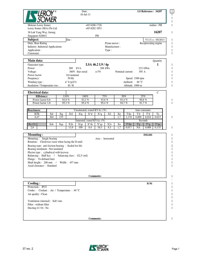 Moteurs Leroy Somer technical document for LSA 46.2 L9 generator | PDF | Power (Physics ...