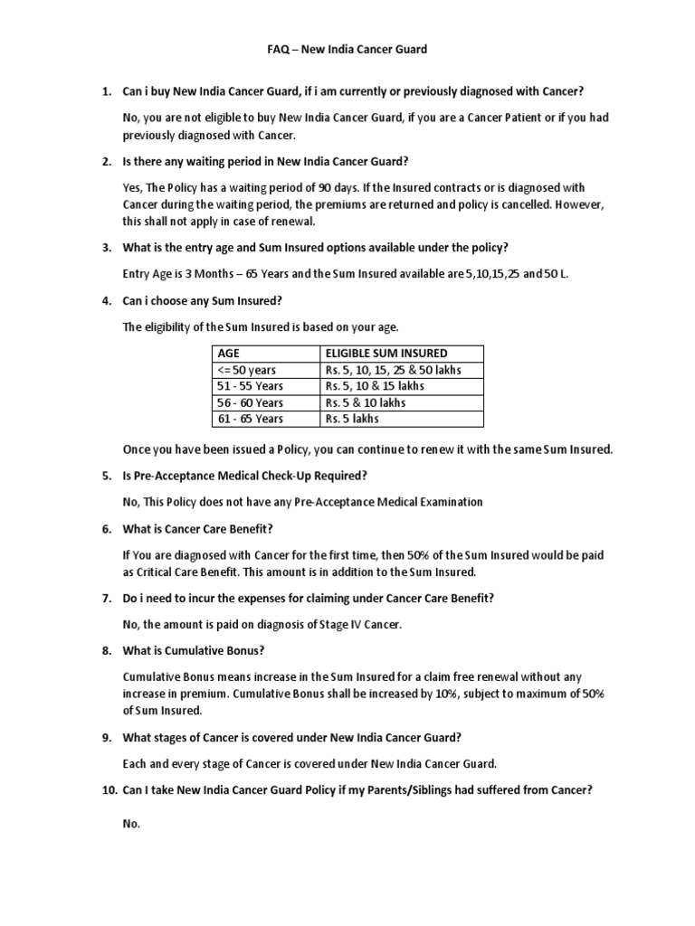 FAQ On New India Cancer Guard | PDF | Physical Examination | Insurance