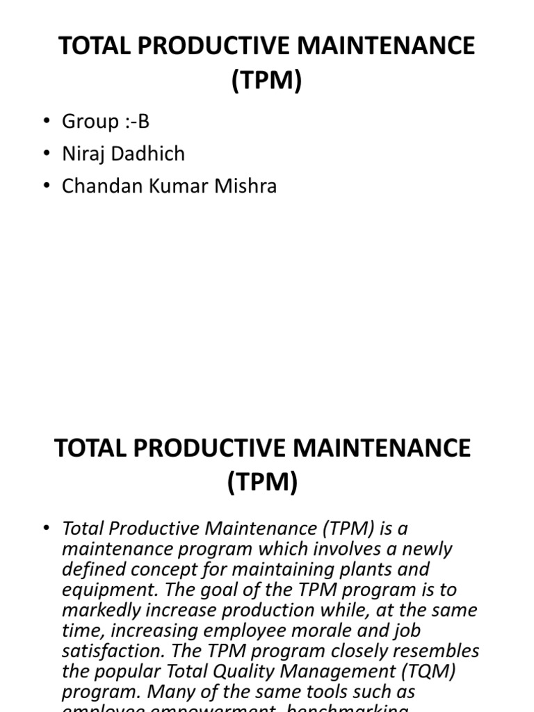 Presentation Total Productive Maintenance (TPM) | PDF | Reliability ...