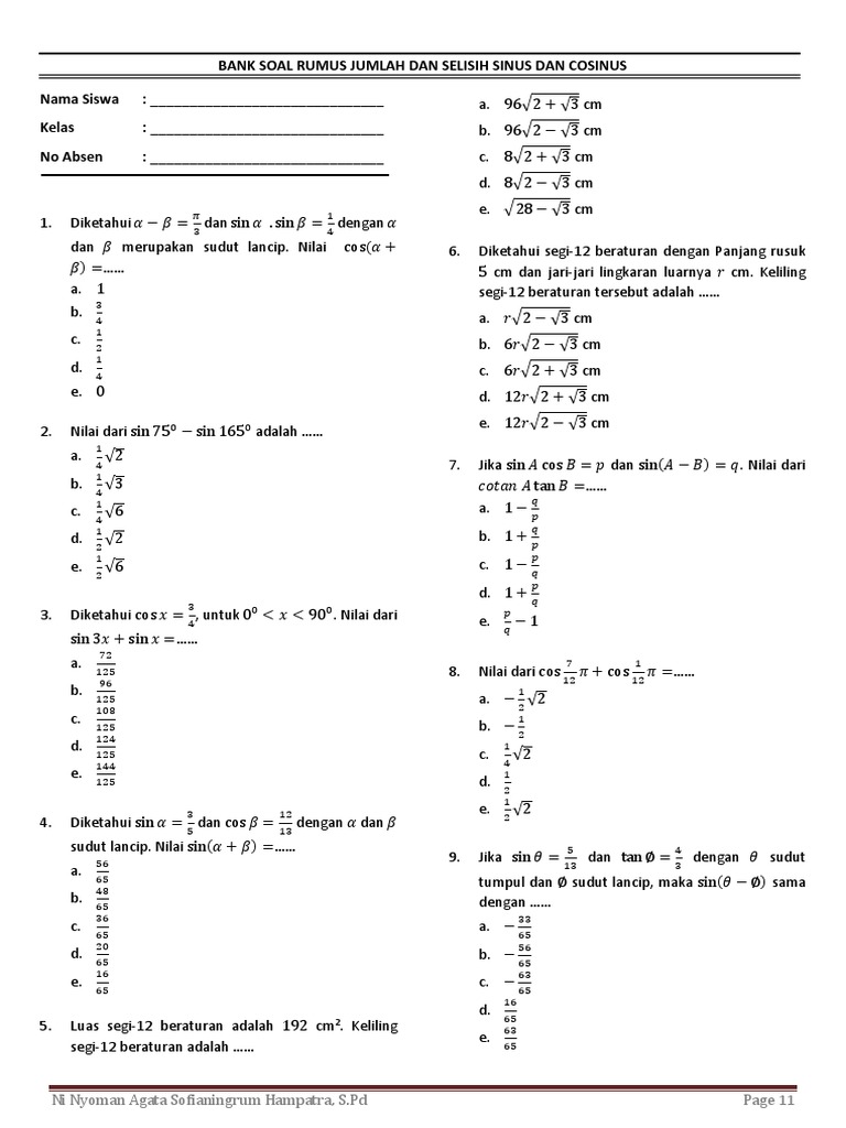 Bank Soal Rumus Jumlah Dan Selisih Sinus Dan Cosinus | PDF