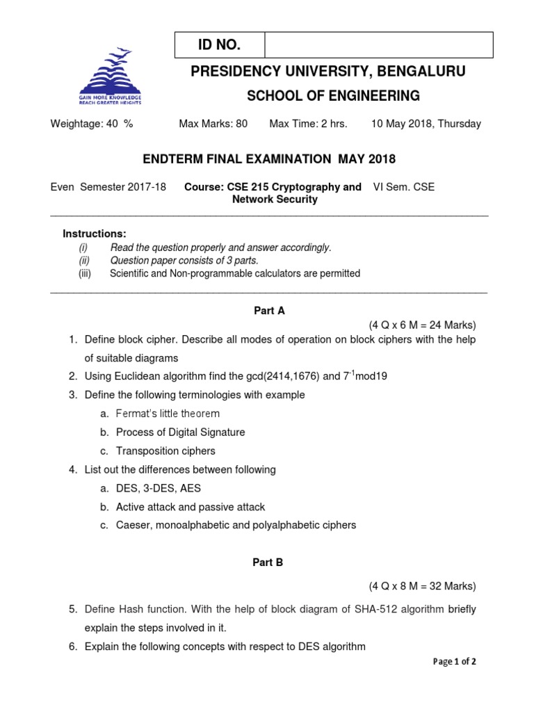 Endterm Final Examination May 2018 - Cryptography and Network Security | PDF | Cryptography ...