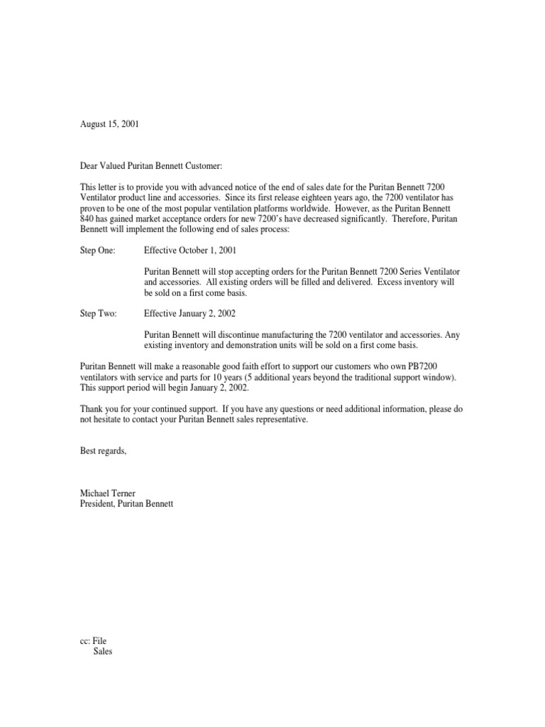 Puritan Bennett 7200 Bennet End of Life Letter | PDF