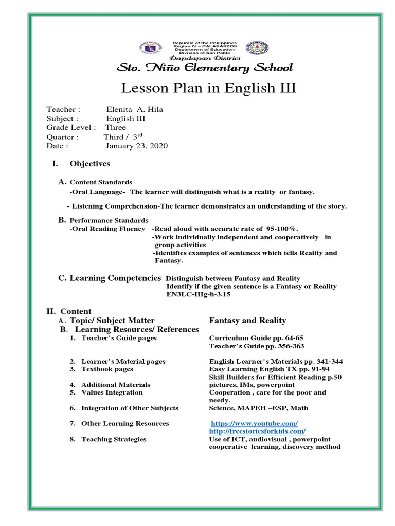 Detailed Lesson Plan REALITY VS. FANTASY COT | PDF | Lesson Plan | Teachers