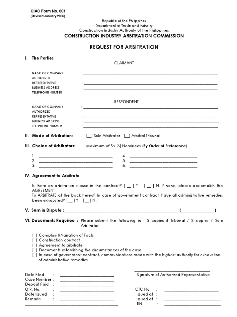 2.a Request For Arbitration (RFA) Form | PDF | Arbitration | Government ...