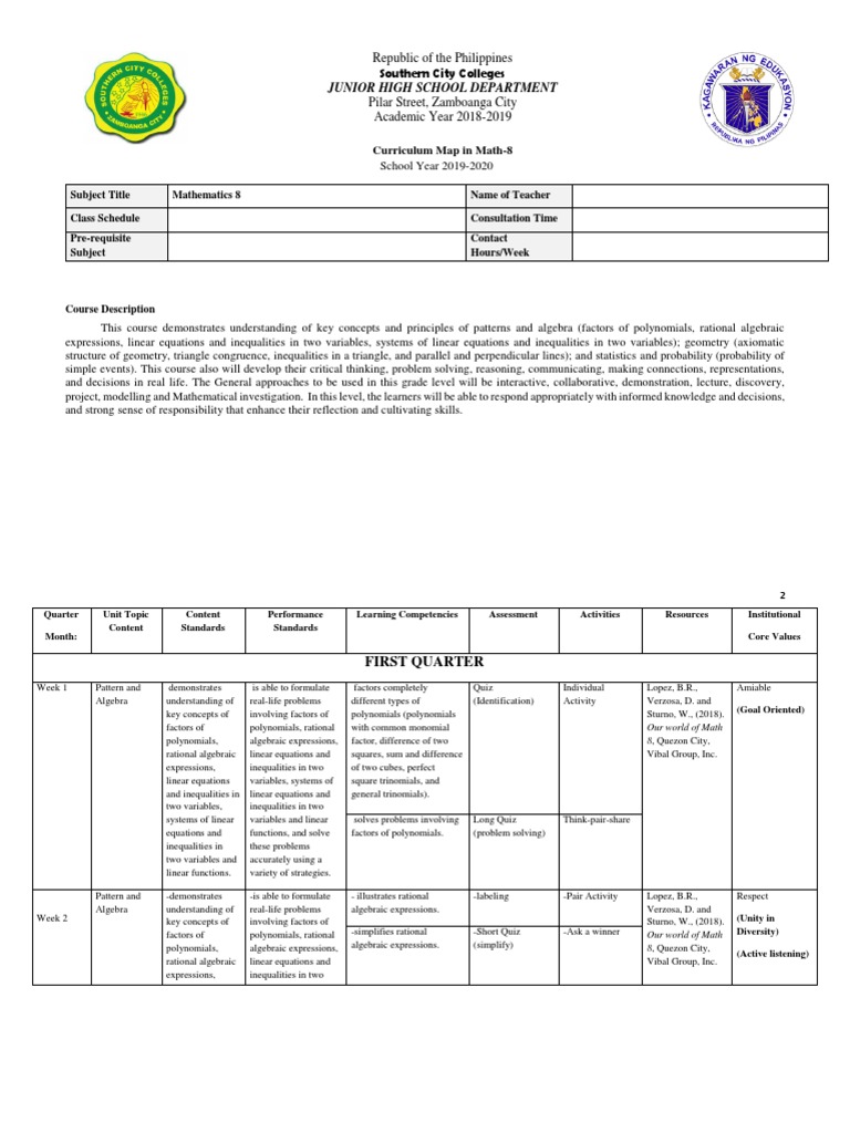 MATHEMATICS 8 Curriculum Map | PDF | Equations | Polynomial