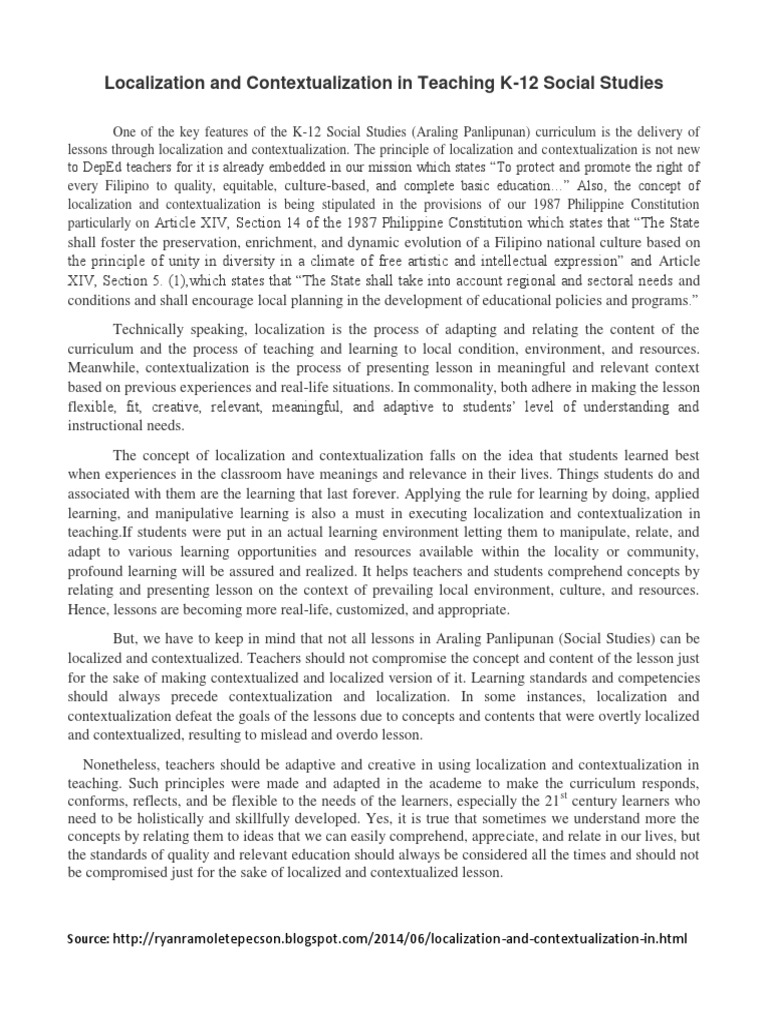 Localization and Contextualization in Teaching K 12 Social Studies ...