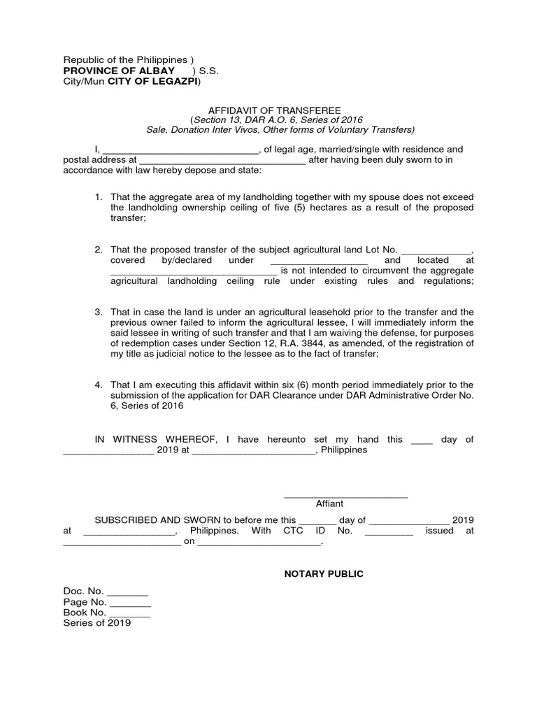 Affidavit of Transferee BLANK | PDF