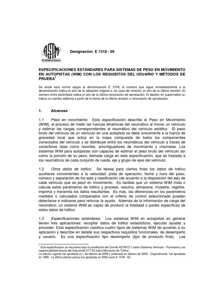 Especificaciones ASTM E 1318-09 WIM | PDF | Eje | Peso