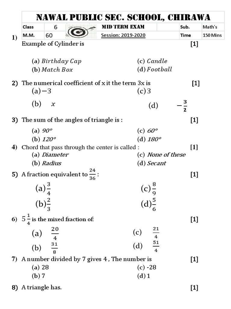 Class 6 Maths Mid Term Question Paper | PDF | Circle | Angle