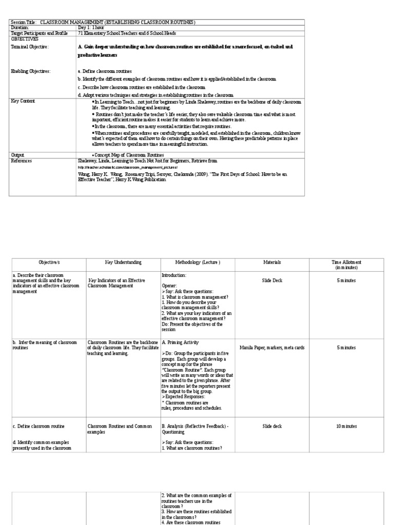 Session Guide On Classroom Routines 2018 | PDF | Classroom Management ...