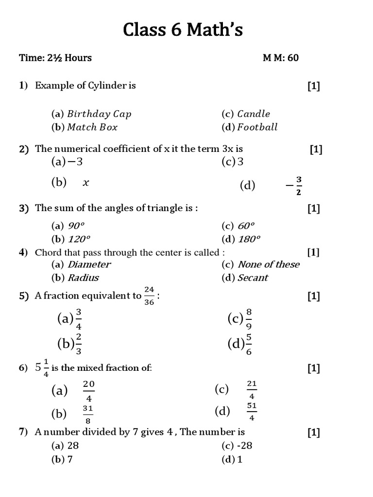 Mid Term Paper Class 6 Maths | PDF | Circle | Angle