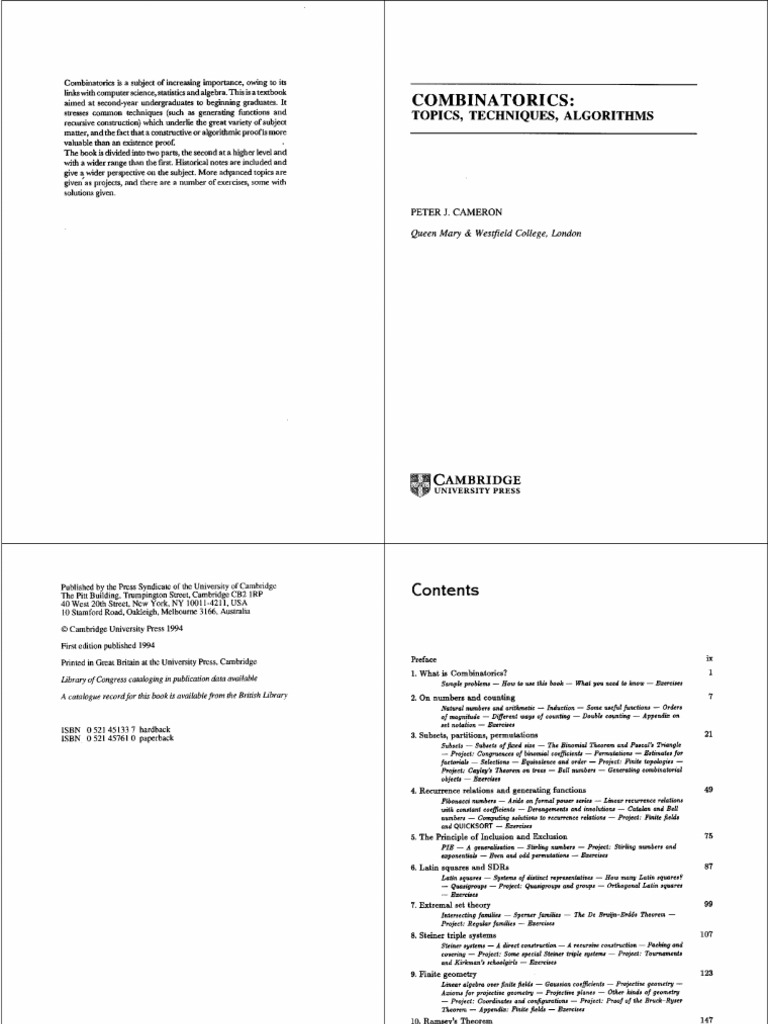Combinatorics - Topics, Techniques, Algorithms (Cameron 1995-01-27) PDF ...
